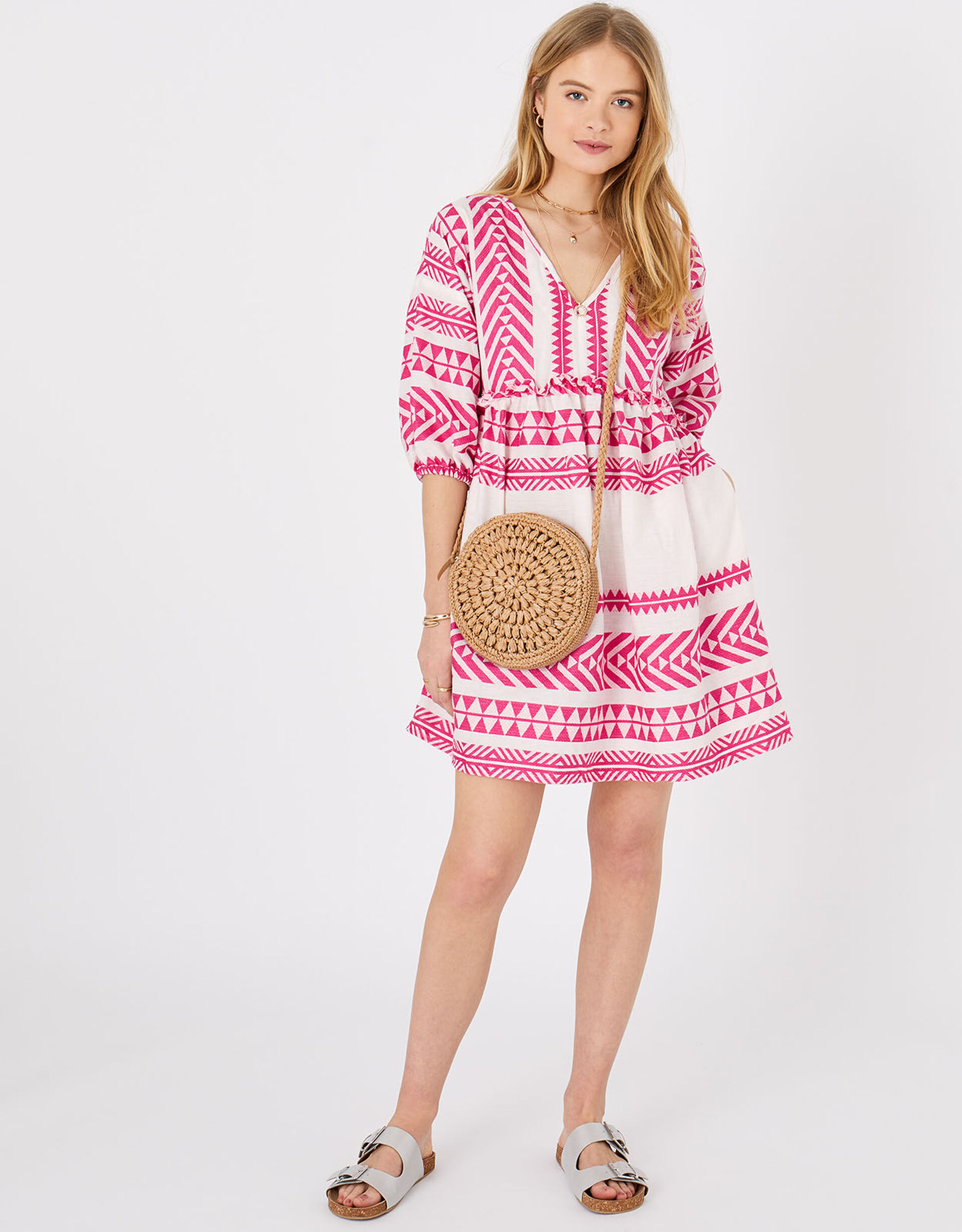 Patterned Jacquard Smock Dress Pink | Beach holiday dresses ...