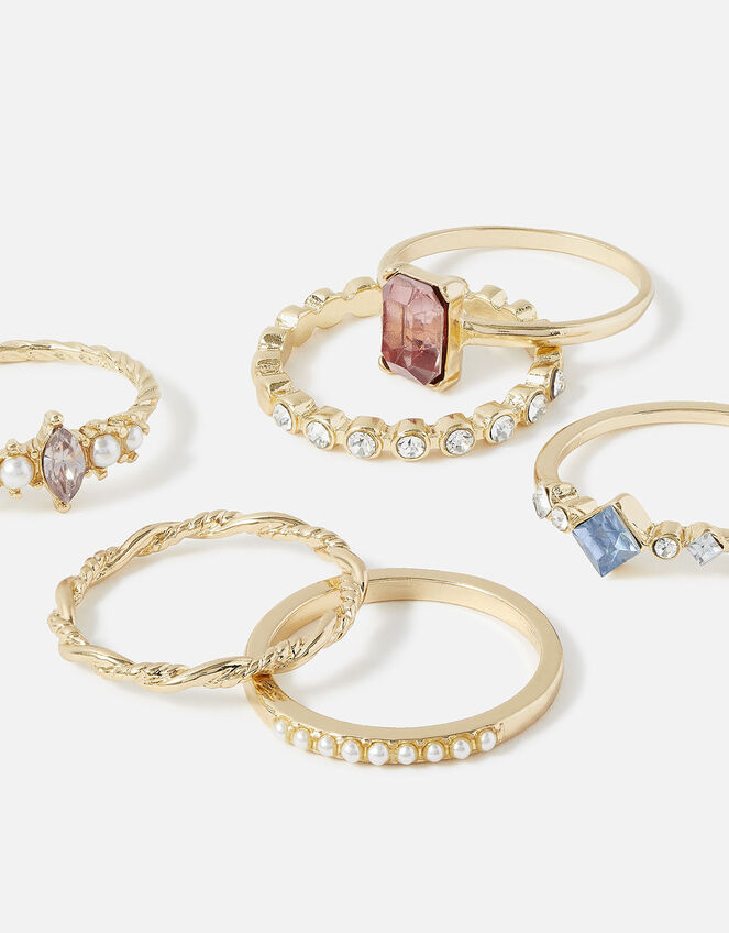 Pearl and Crystal Stacking Ring Set Pink | Stacked rings | Accessorize UK