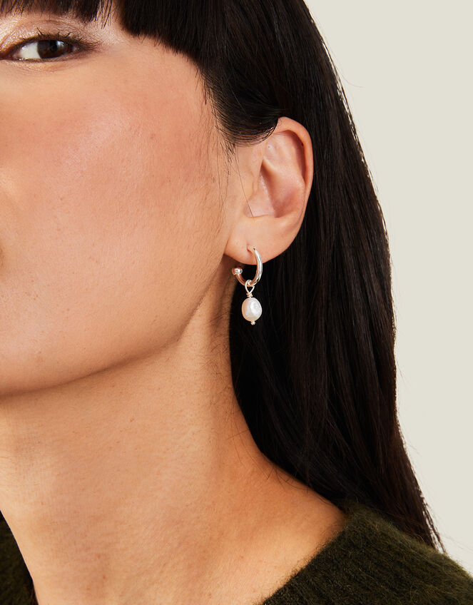 Sterling Silver Chunky Pearl Drop Hoops | Sterling silver | Accessorize UK