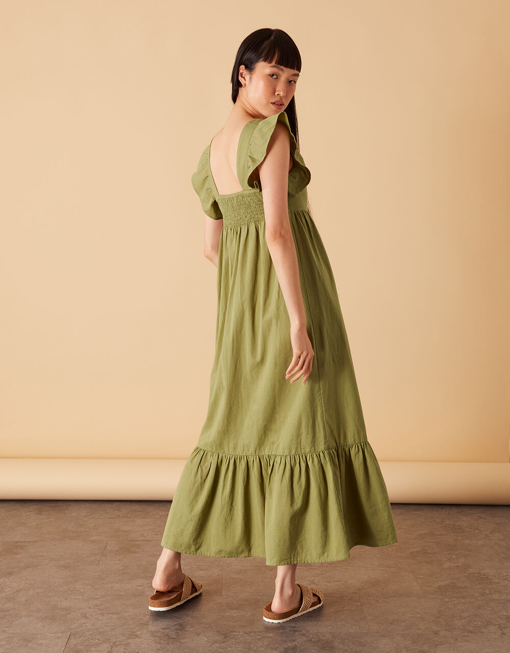 Frill Shoulder Textured Midi Dress Green | Beach holiday dresses ...