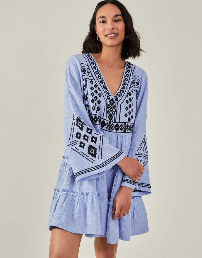 Embroidered Long Sleeve Mini Dress Blue | Dresses | Accessorize Global