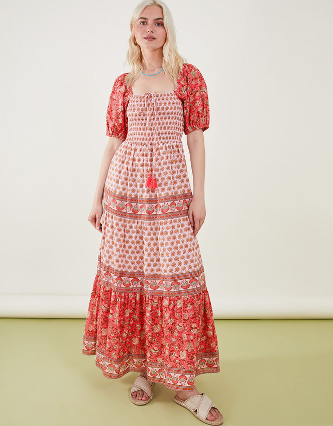 Shell Print Puff Sleeve Midi Dress Orange | Beach holiday dresses ...