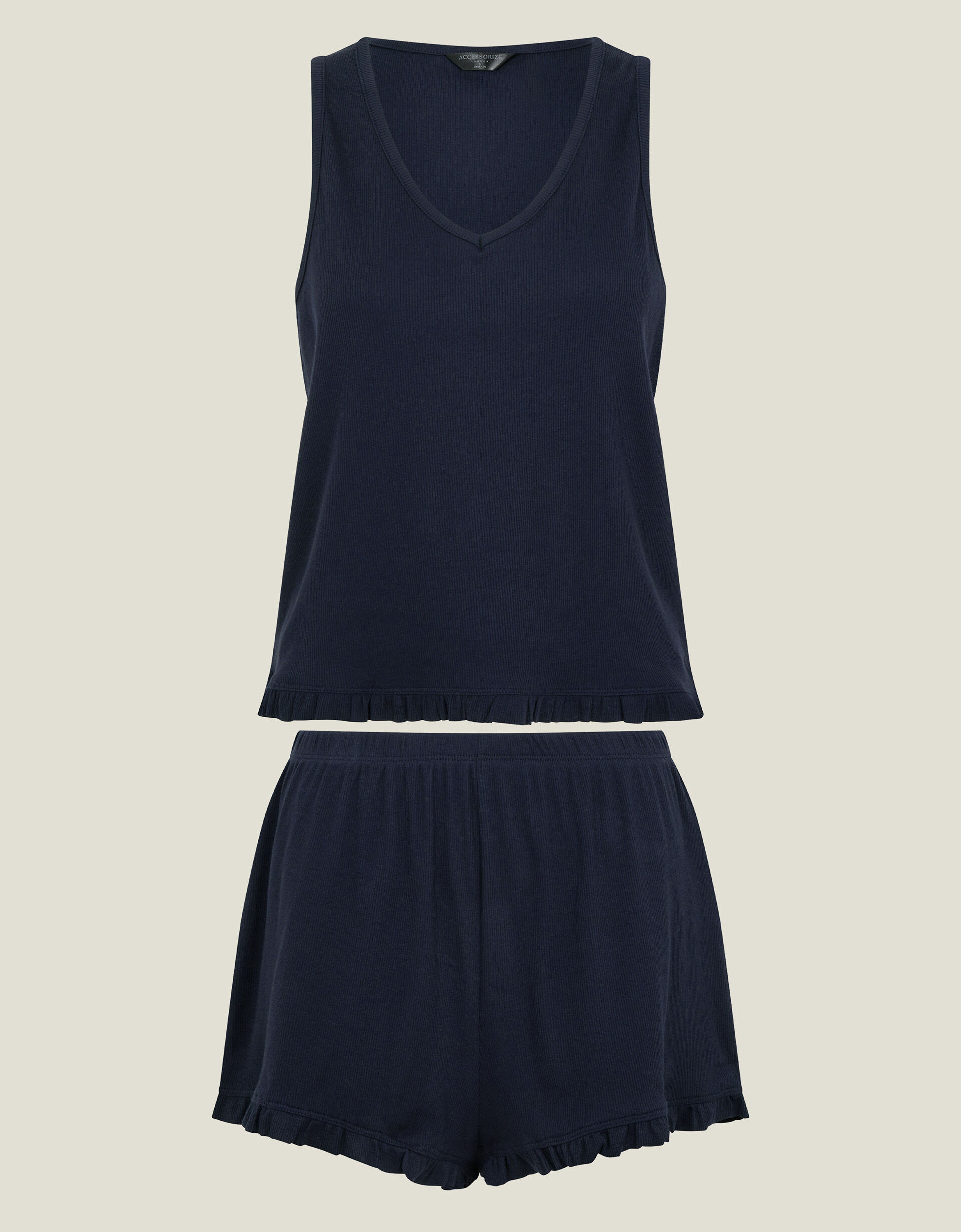 Rib Ruffle Vest and Shorts Pyjamas Set Blue | Loungewear | Accessorize UK