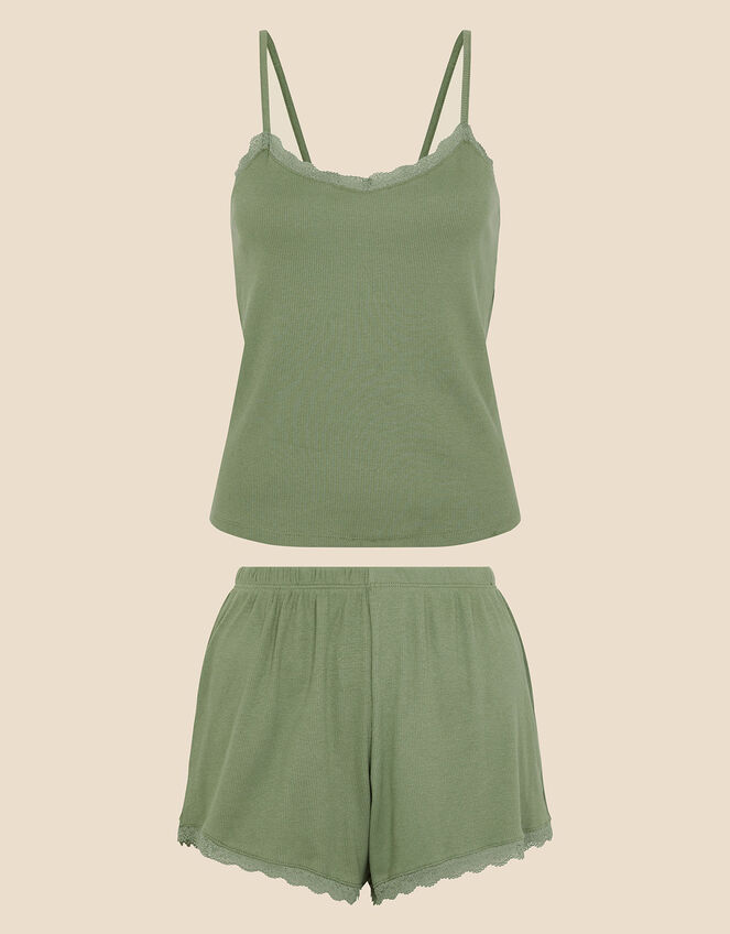 Lace Trim Ribbed Vest Pyjama Set Green | Nightwear | Accessorize UK