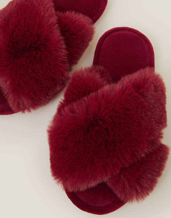 Cross Strap Faux Fur Slide Slippers Red | Slippers | Accessorize UK