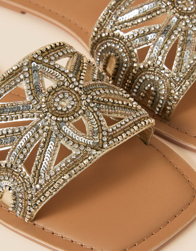 Flower Embellished Diamante Sliders Gold | Sandals & Flip Flops ...