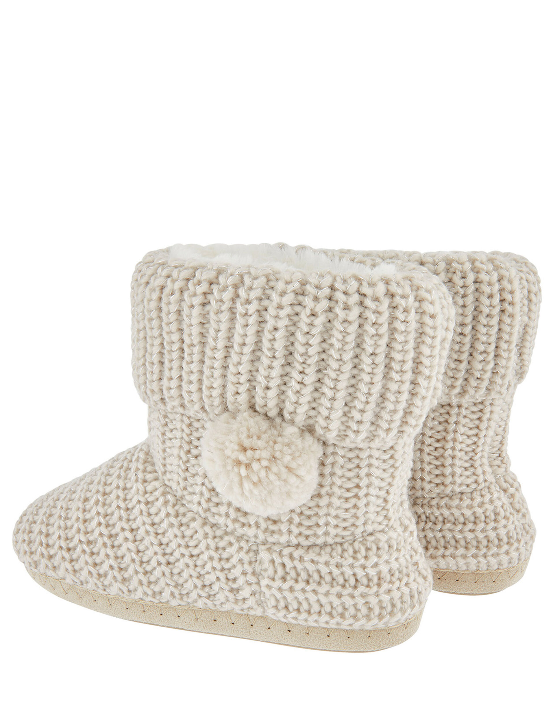 Pom-Pom Shimmer Knit Slipper Boots Cream | Slippers | Accessorize UK