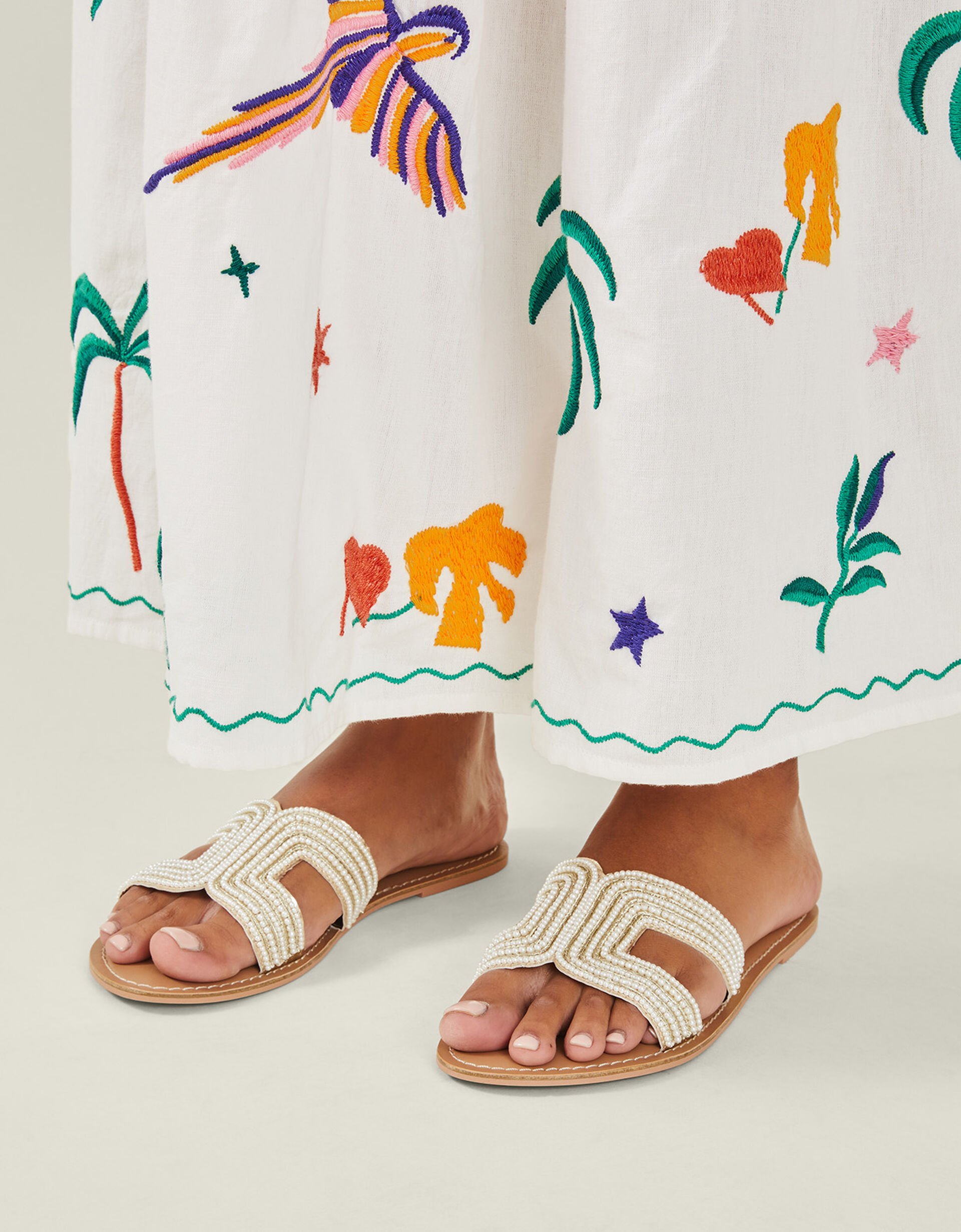 Pearl Embellished Cut-Out Sliders Cream | Sandals & Flip Flops ...