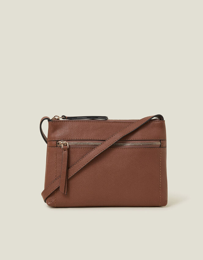 Zip Detail Leather Cross-Body Bag Tan | Leather Bags | Accessorize UK