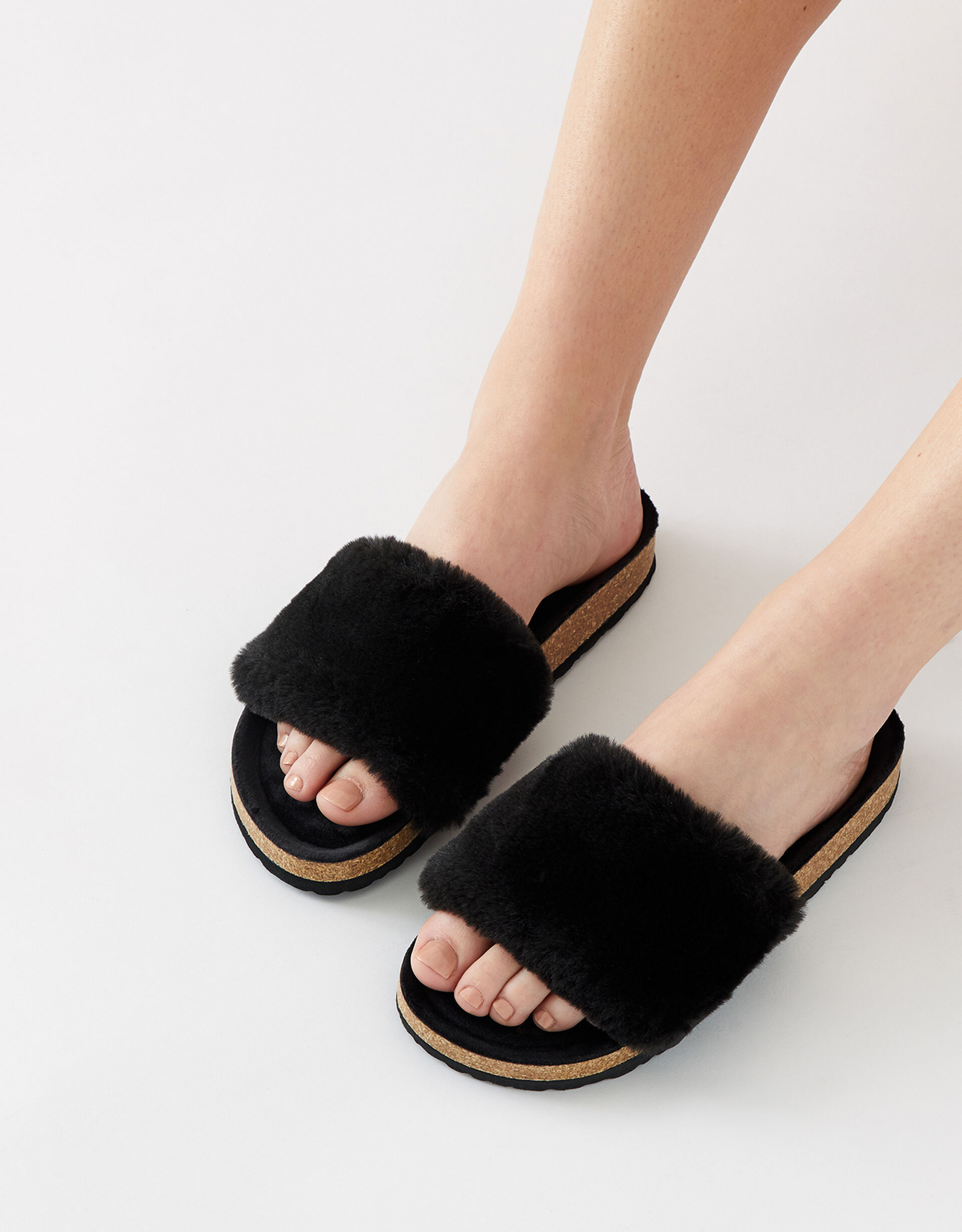 Fluffy Slider with Cork Base Black | Slippers | Accessorize UK