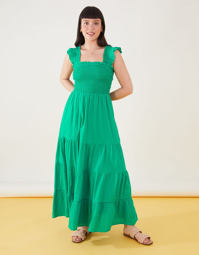 Frill Shoulder Shirred Midi Dress Green | Beach holiday dresses ...